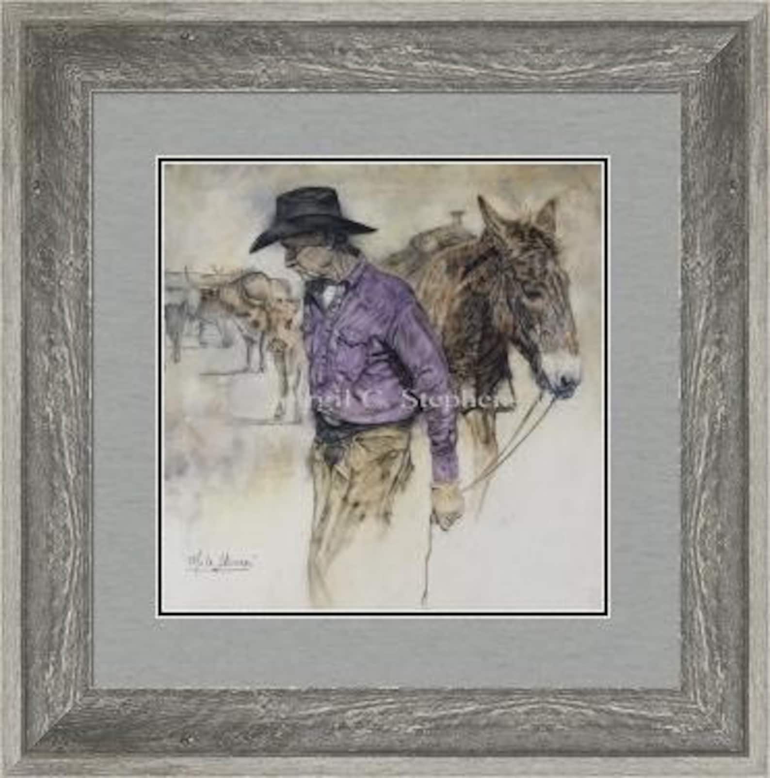 Mule Art, Mule Skinner, Print of a Cowboy With His Mule Out Hunting ...