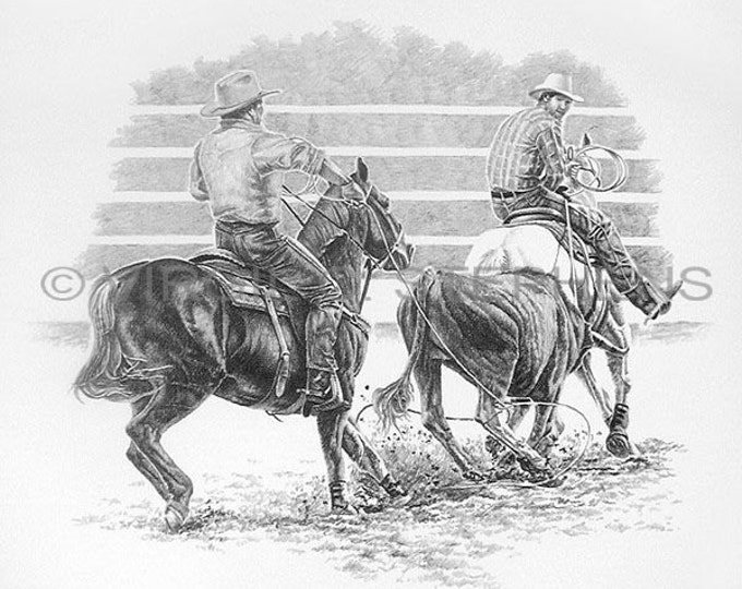 Team Roping, Drawing of Rodeo Cowboys Team Roping at the Rodeo, Western ...