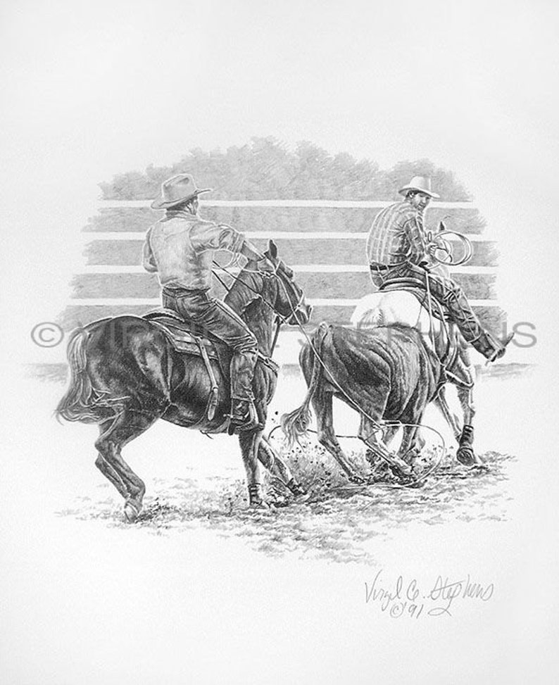 Team Roping, Drawing of Rodeo Cowboys Team Roping at the Rodeo, Western ...