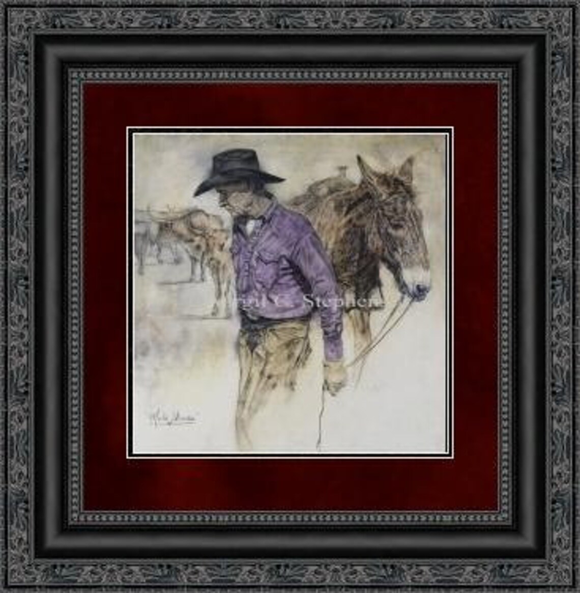 Mule Art, Mule Skinner, Print of a Cowboy With His Mule Out Hunting ...