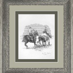 Team Roping, Drawing of Rodeo Cowboys Team Roping at the Rodeo, Western ...