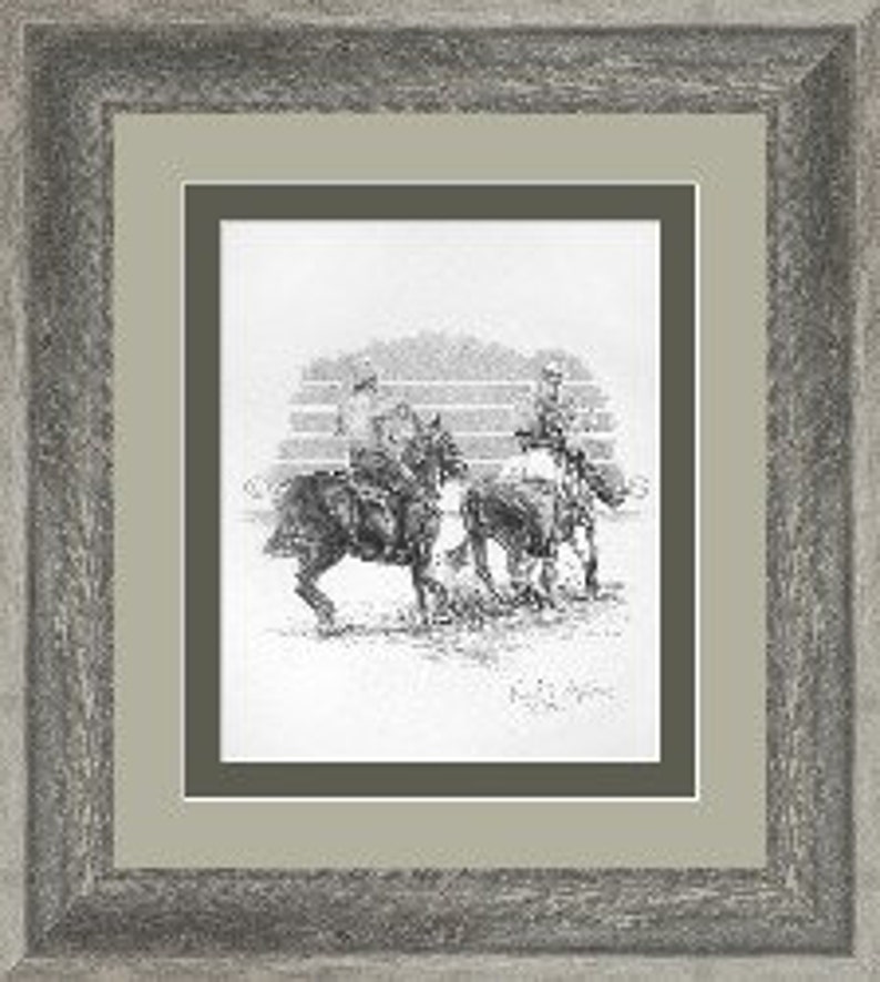 Team Roping, Drawing of Rodeo Cowboys Team Roping at the Rodeo, Western ...