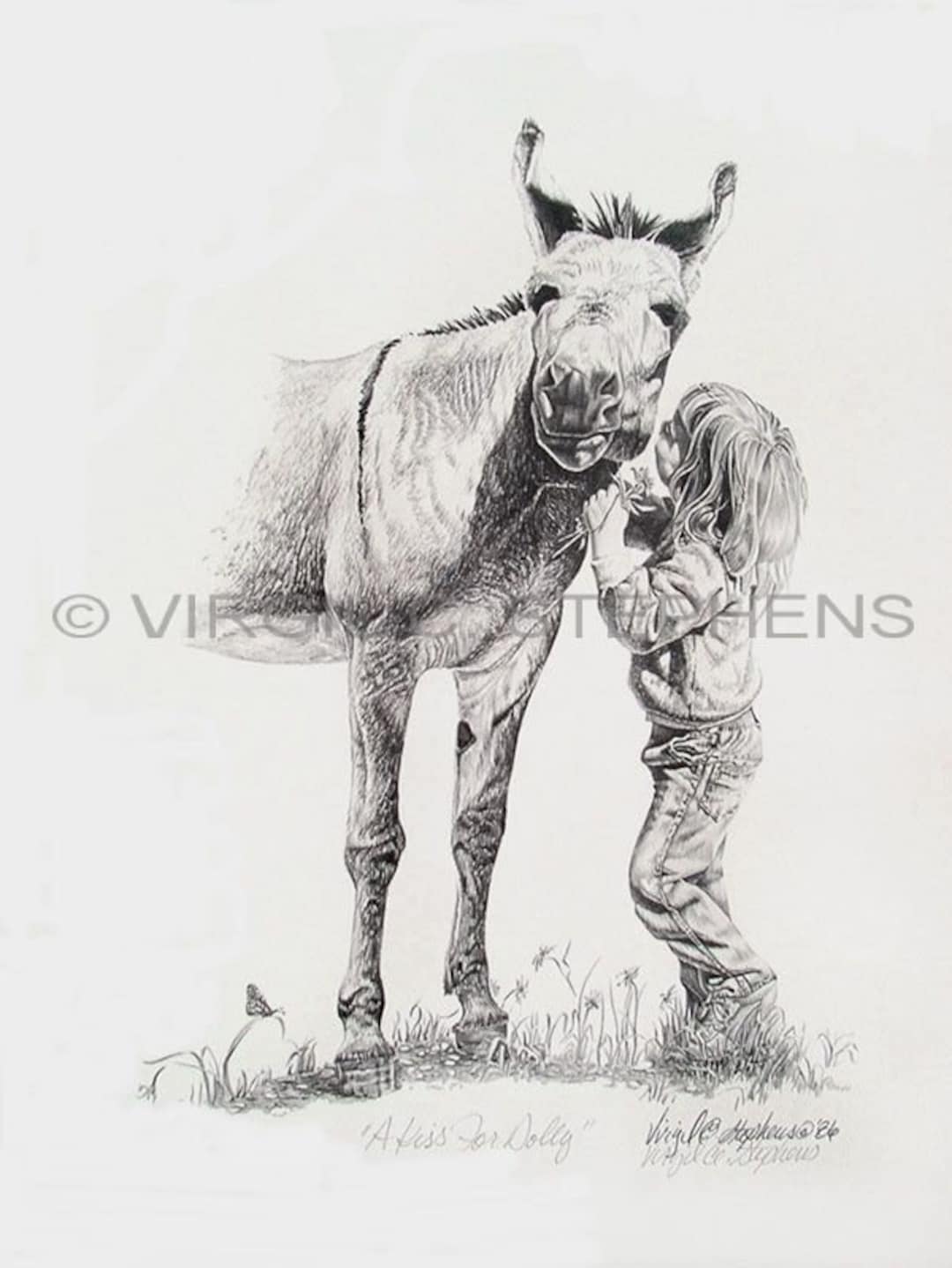 Donkey Art, A Kiss for Dolly, Drawing of a Little Girl Giving a Flower ...