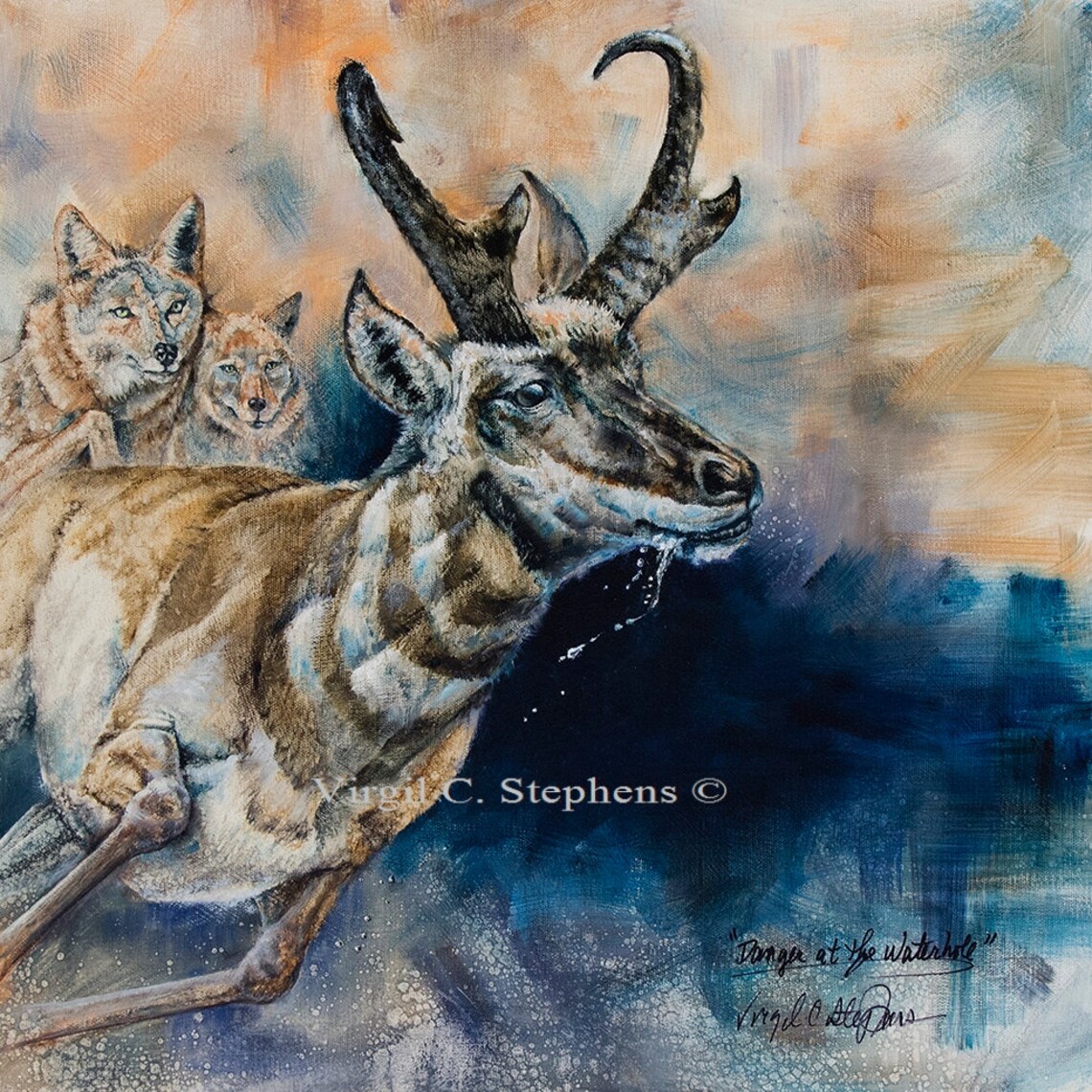 Antelope Art, Entitled Danger at the Waterhole, Print of an Antelope ...