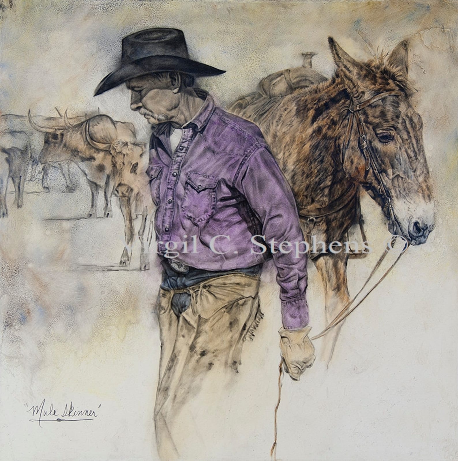 Mule Art, Mule Skinner, Print of a Cowboy With His Mule Out Hunting ...