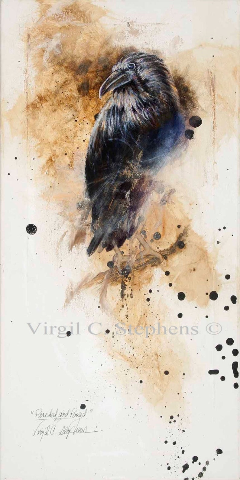 Raven Art, Perched and Poised, Print of a Pine Raven Sitting on a ...