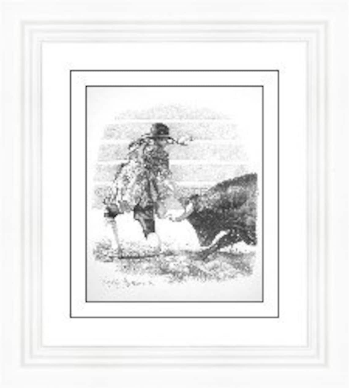 Bull Fighting, Drawing of a Rodeo Cowboy Fighting the Bull at the Rodeo ...