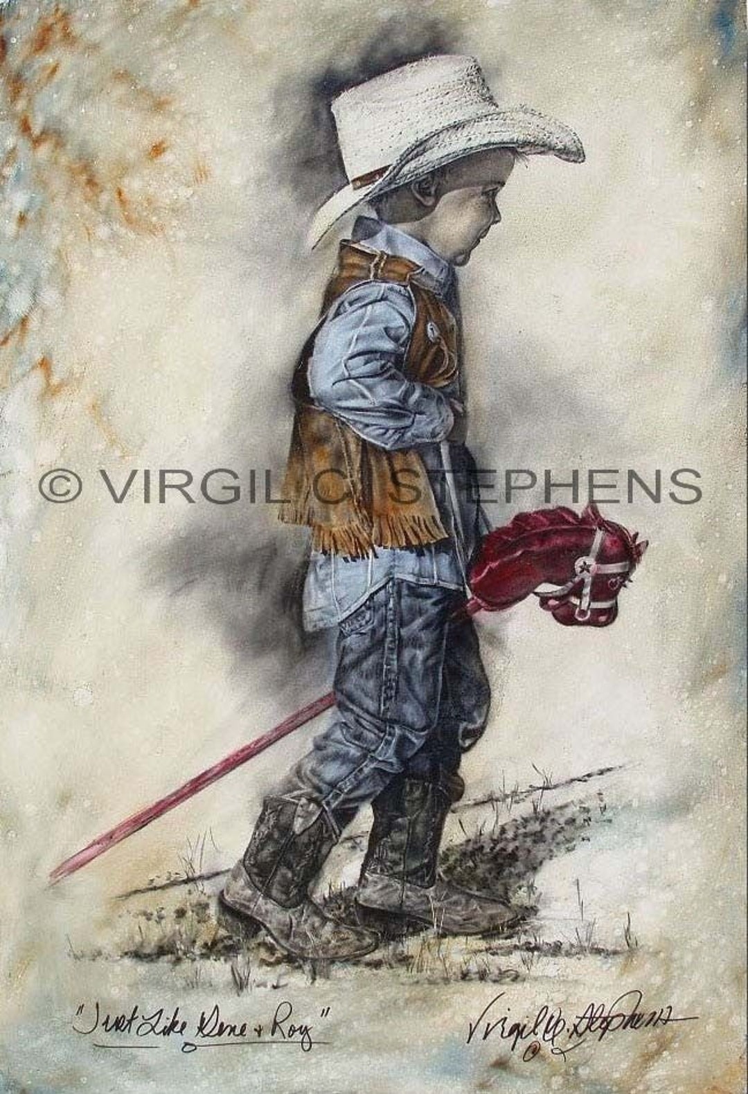 Cowboy Art, Just Like Gene and Roy, Print of a Little Boy Riding His ...