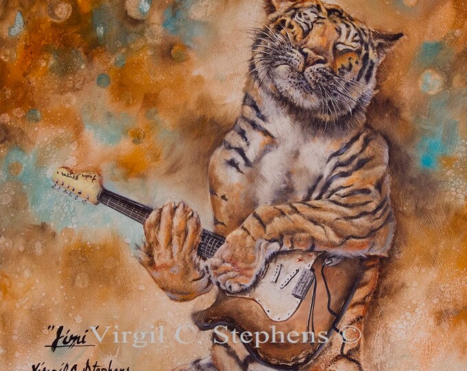 16x16, 23x23 Funny Rock Guitar Tiger Art Print | Wild Animal Music Wall ...