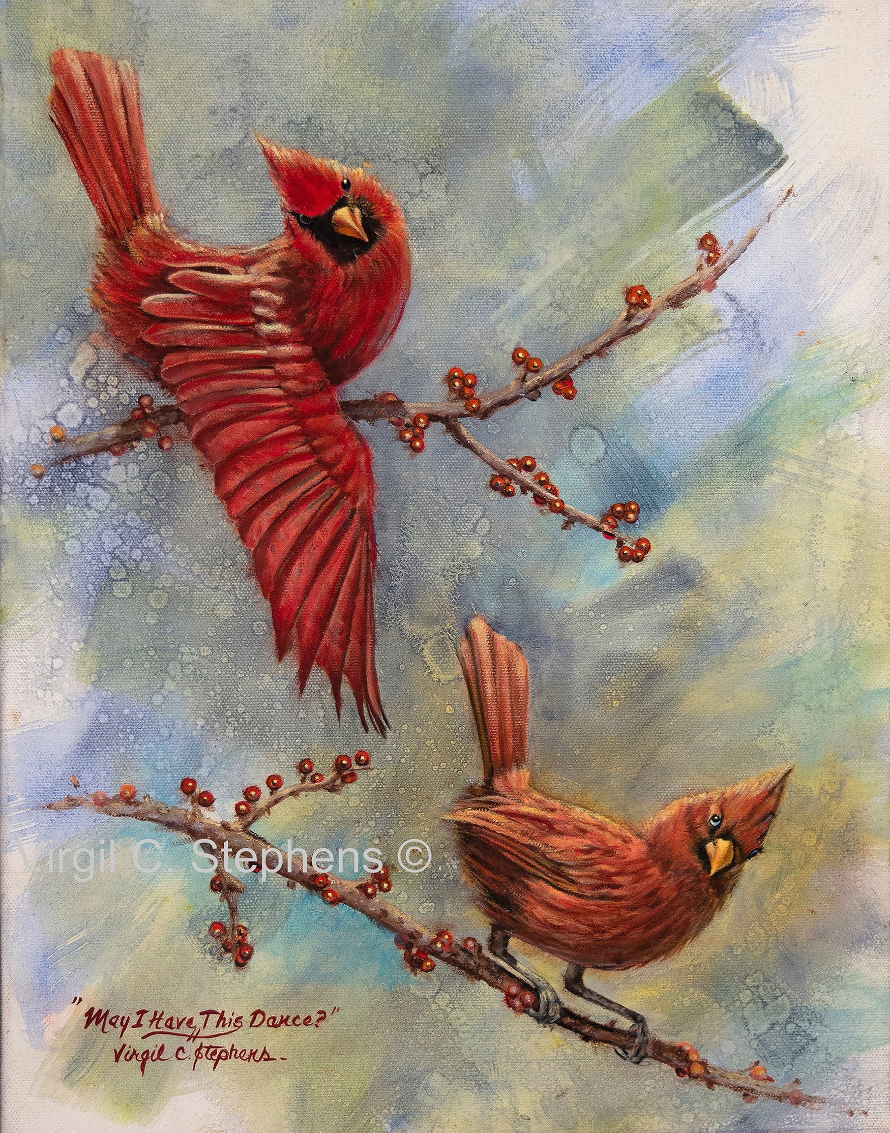 Bird Art, May I Have This Dance, Cardinals on a Branch, Male Pursuing ...