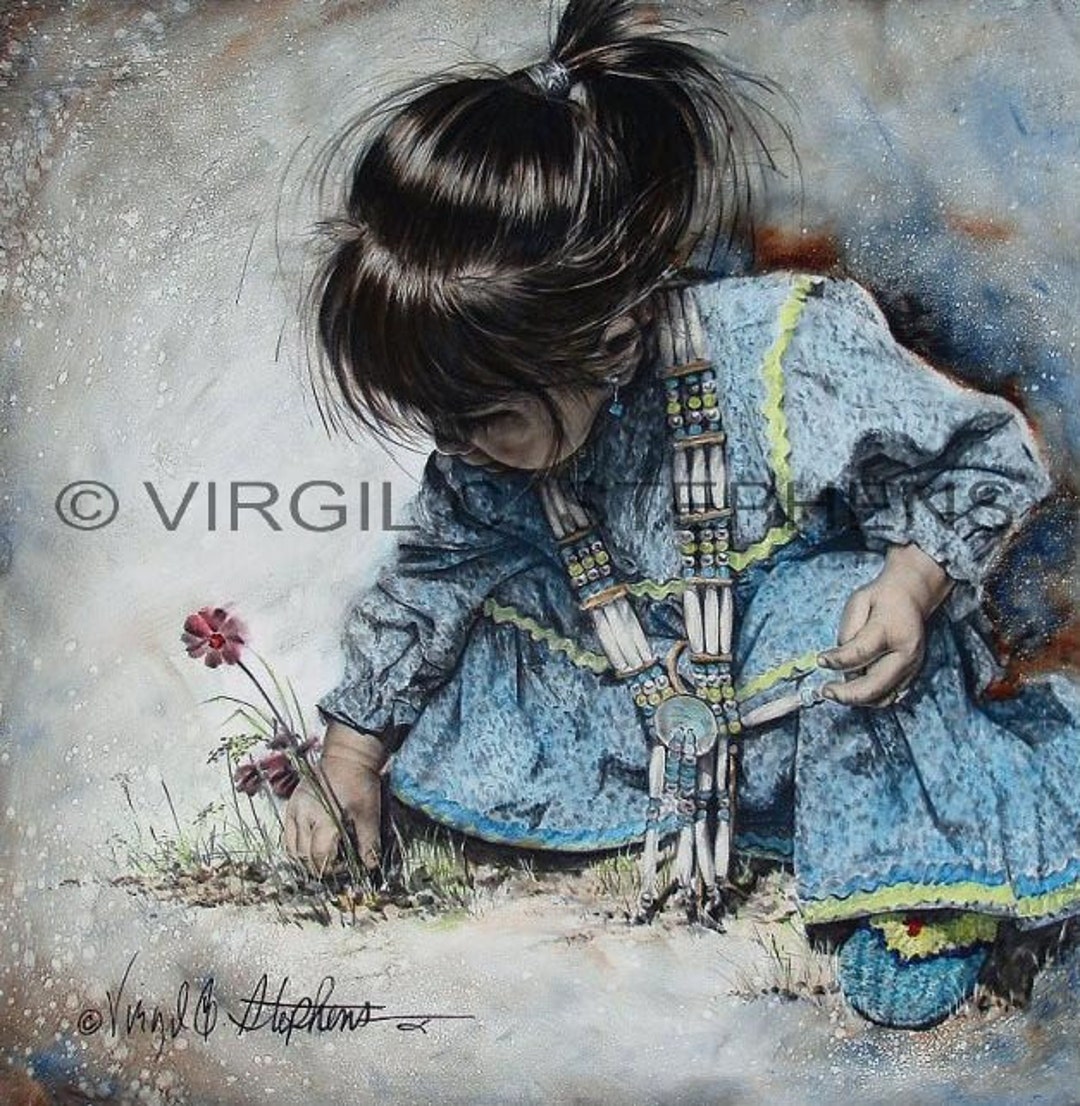 Native American Art, in My Garden, Print of a Young Apache Girl Picking ...