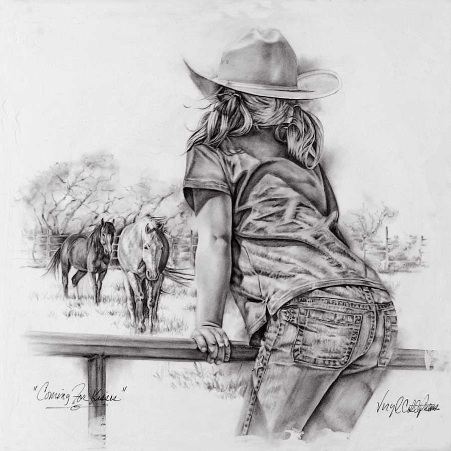 Cowgirl Art, Entitled coming for Kisses, Print of a Drawing of a Little ...