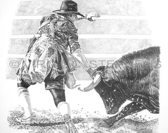 Bull Fighting, Drawing of a Rodeo Cowboy Fighting the Bull at the Rodeo ...