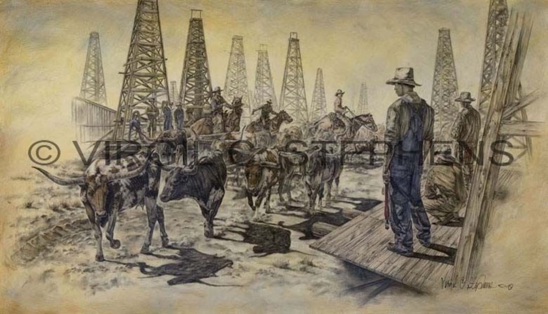 Western Cowboy Cattle Drive Wall Art – Oil Rig Ranch Scene Print ...