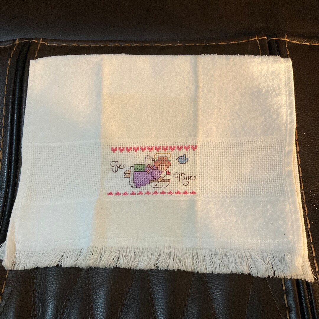 Completed Crosstitch, White Fingertip Towel, Valentines Day, Cupid ...