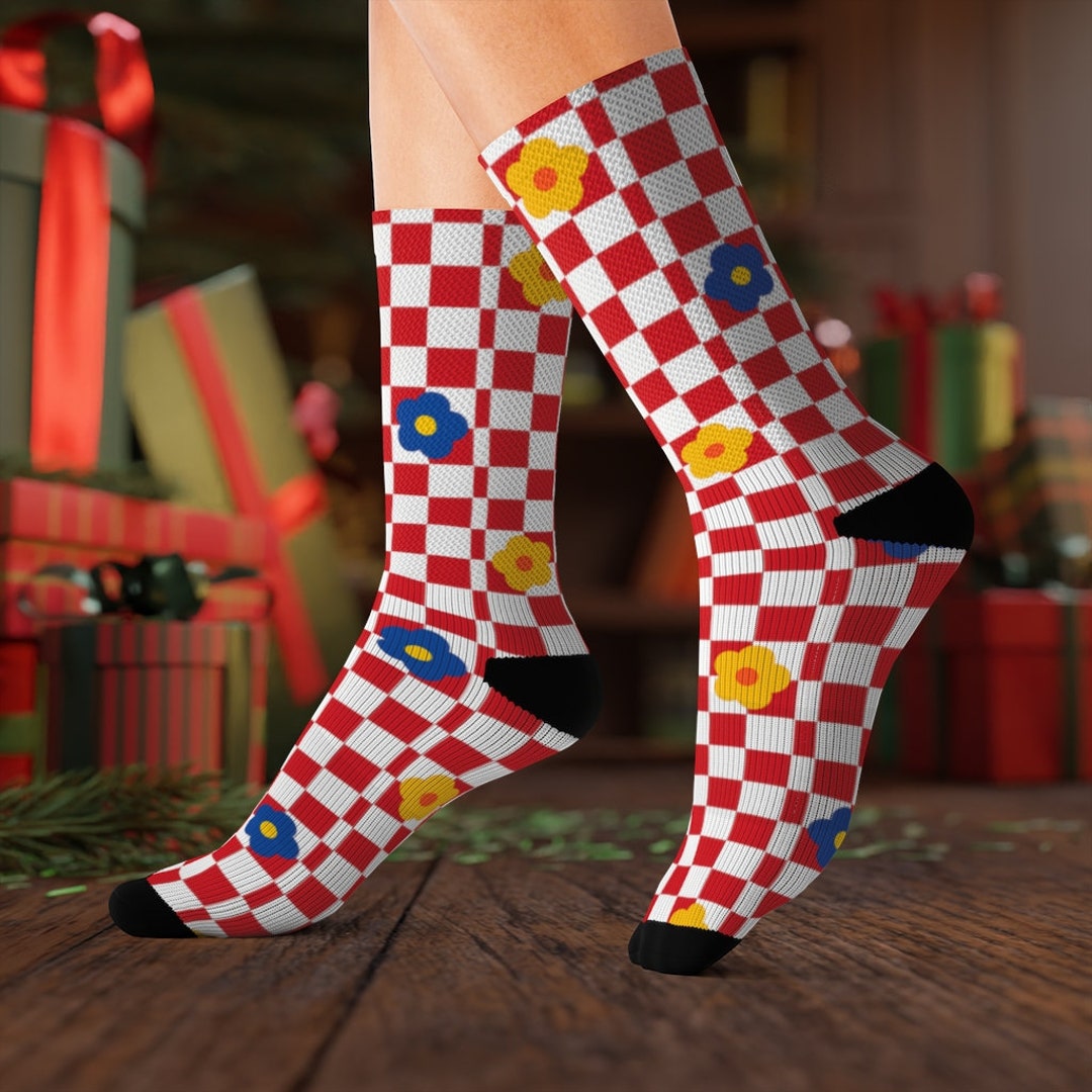 Clowncore Floral Red & White Checkered Socks | Circuscore Aesthetic ...