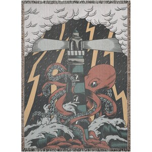 Kraken Attacking Lighthouse Woven Blanket | Nautical Octopus Squid Sea ...
