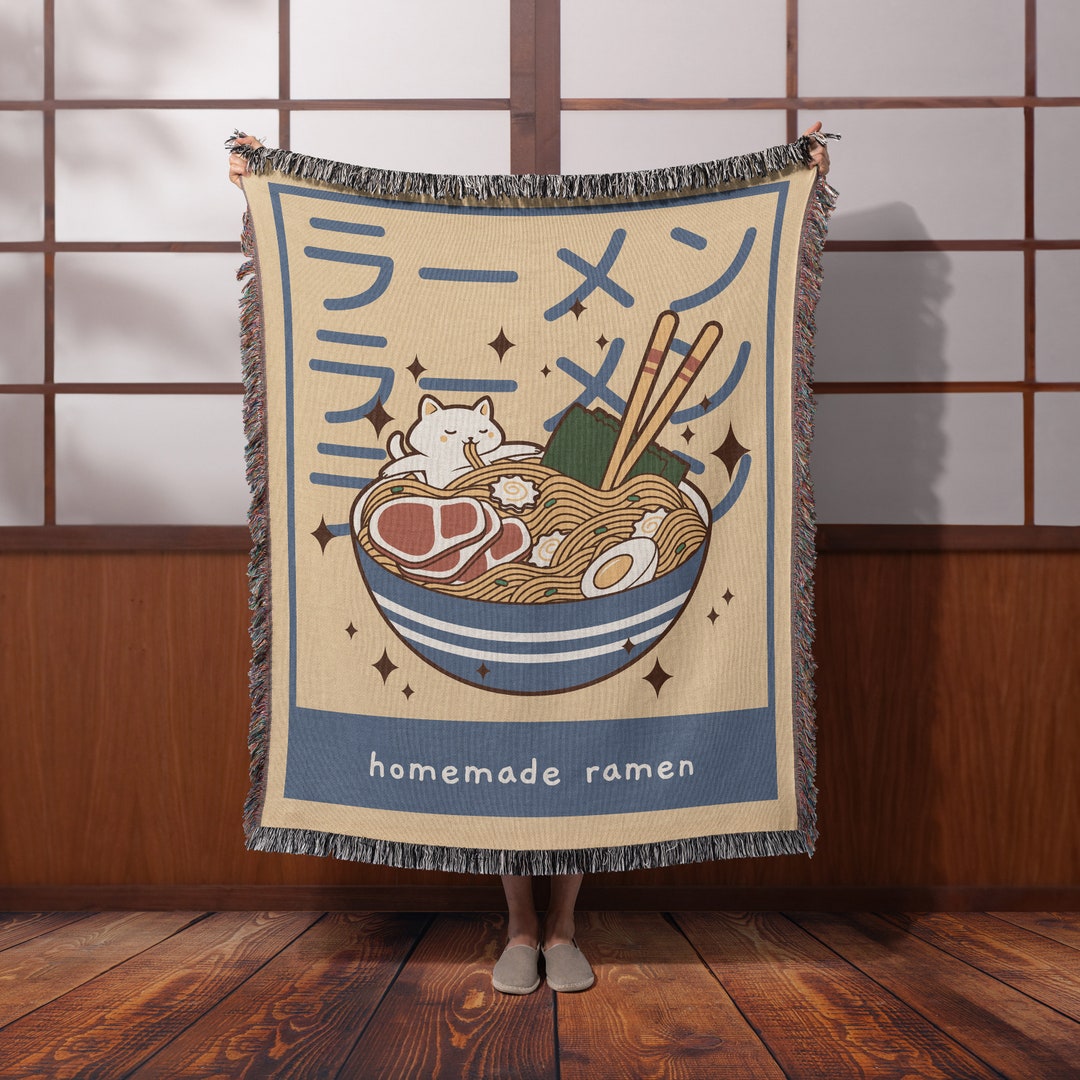 Kawaii Cat Homemade Ramen Woven Blanket Japanese Katakana Neko Throw ...