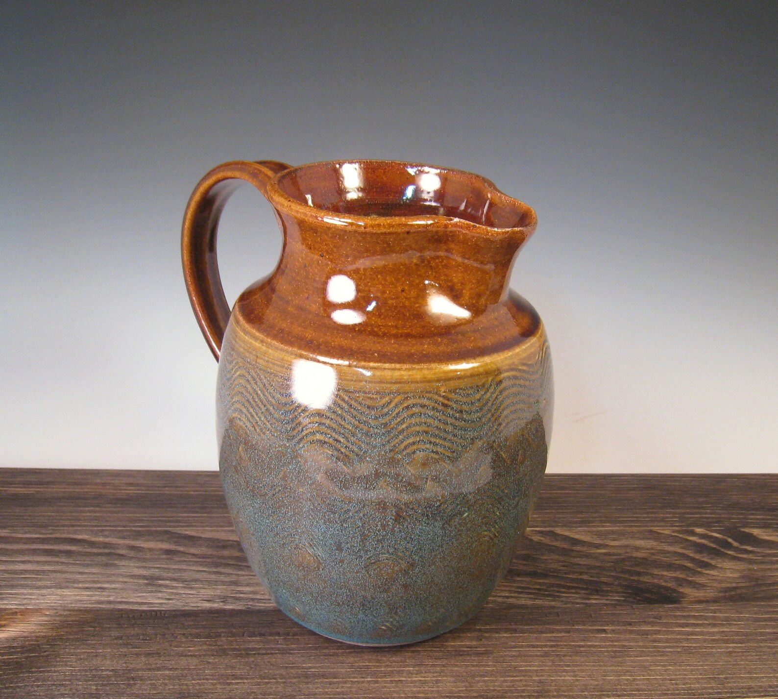Pitcher/vase/utensil Holder - Blue and Brown With White Slip Wavy ...