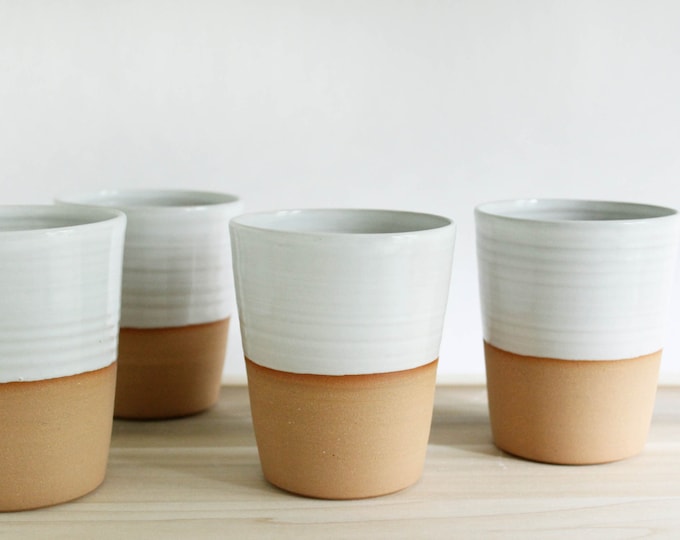 Four Mugs Without Handles, White Minimalist Ceramic Pottery Coffee Mug ...