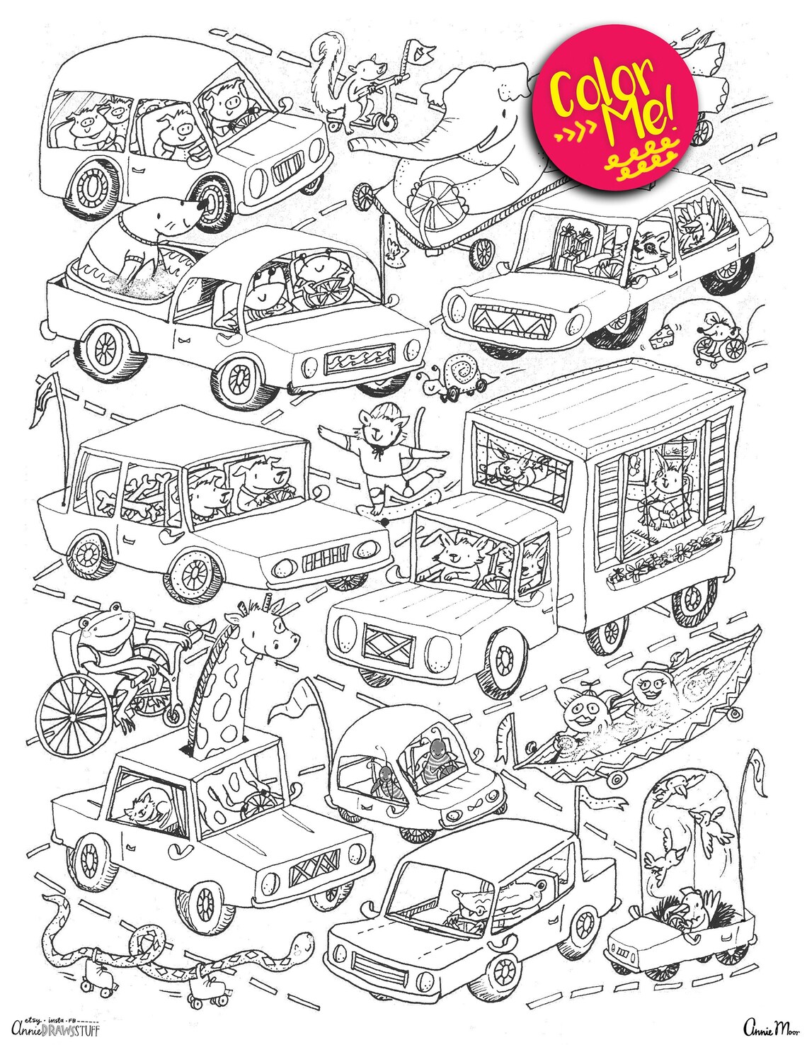 Instant Download Animals in Transportation Coloring Page | Etsy