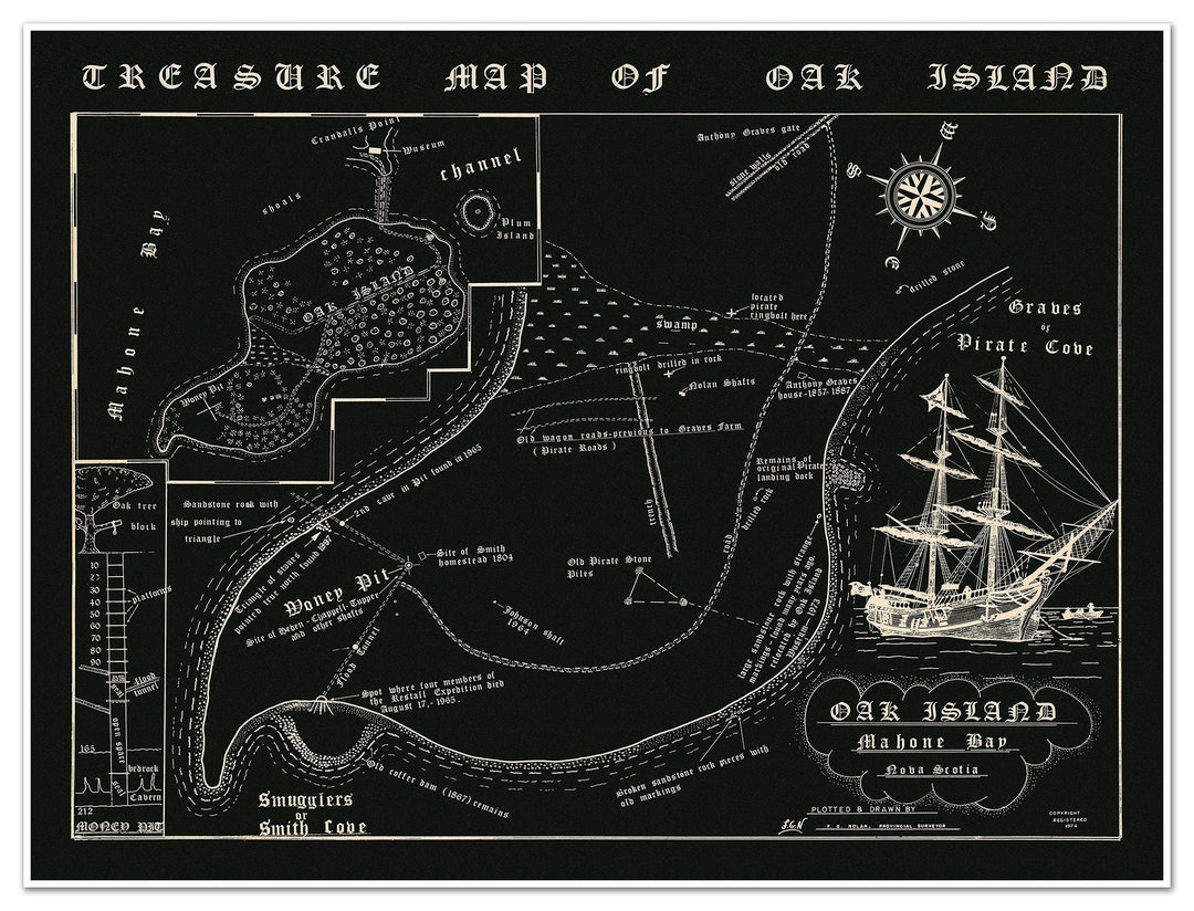 Treasure Hunter Map of Oak Island | Nova Scotia Canada | Vintage Wall ...