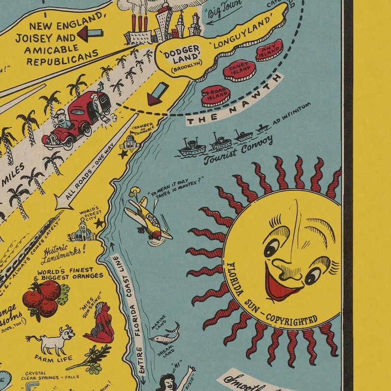Florida "as the Floridian Sees It" Map Wall Art, Retro Decorative ...