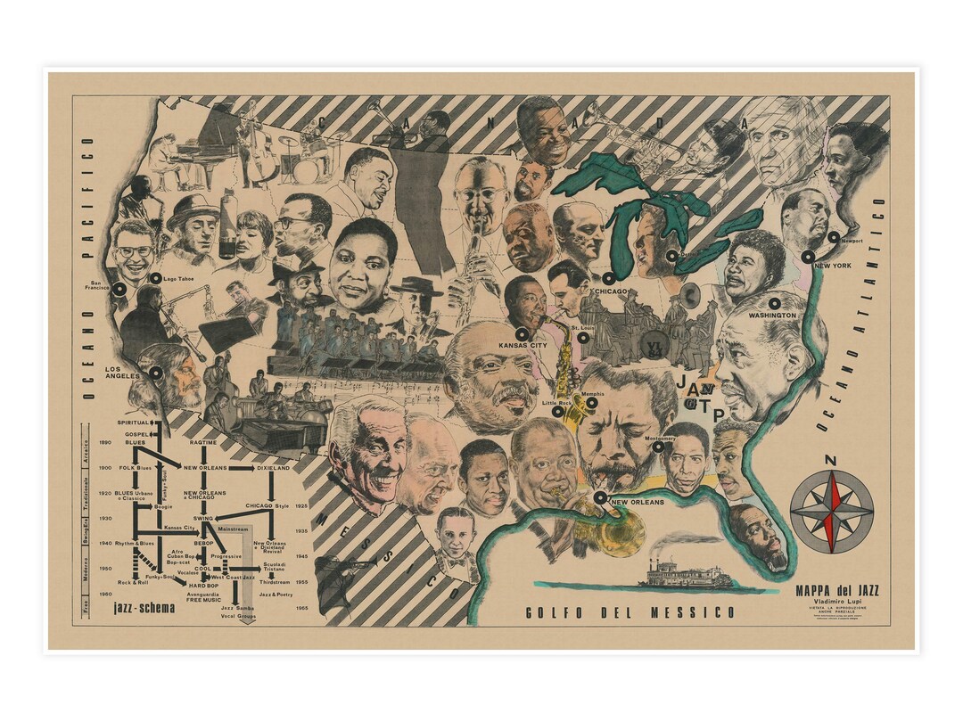 Italian Jazzland Map of the United States | Mappa Del Jazz by Vladimiro ...