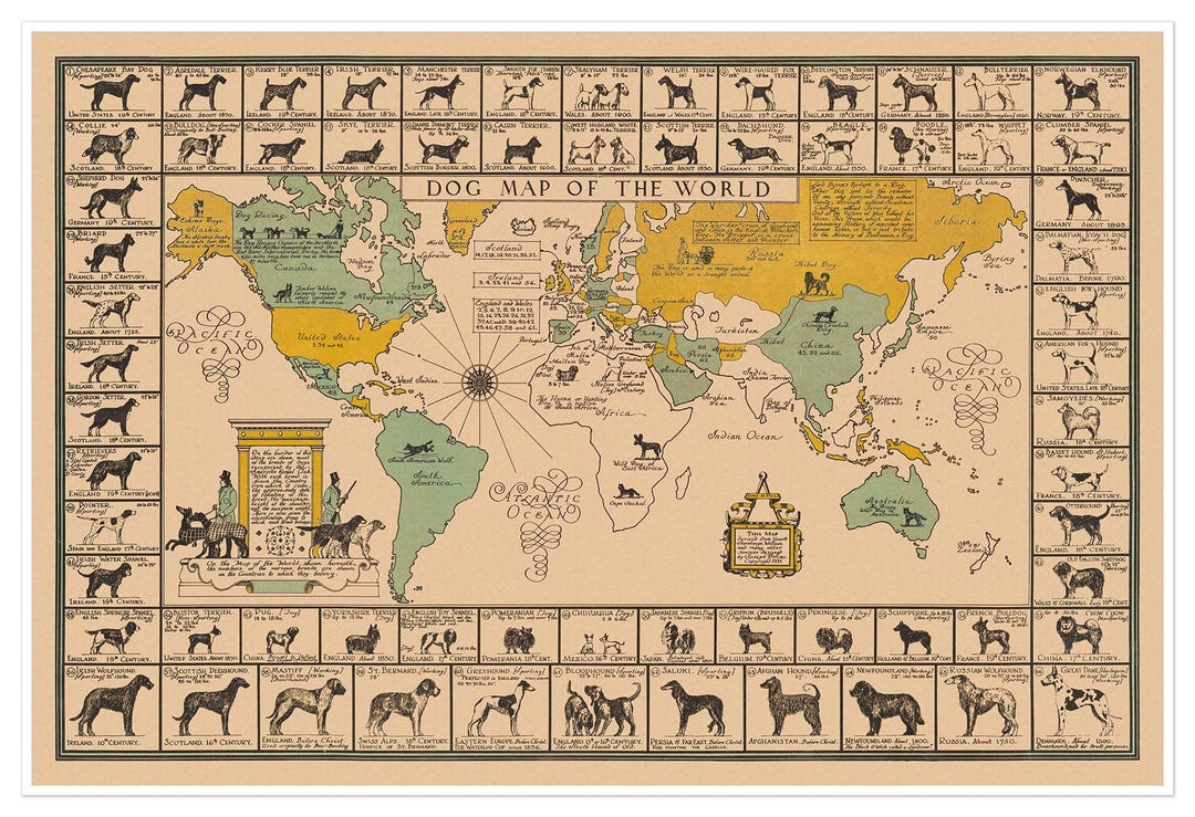 1933 Dog Map of the World C 1933 Vintage Reprint | Dog Breed Wall Decor ...