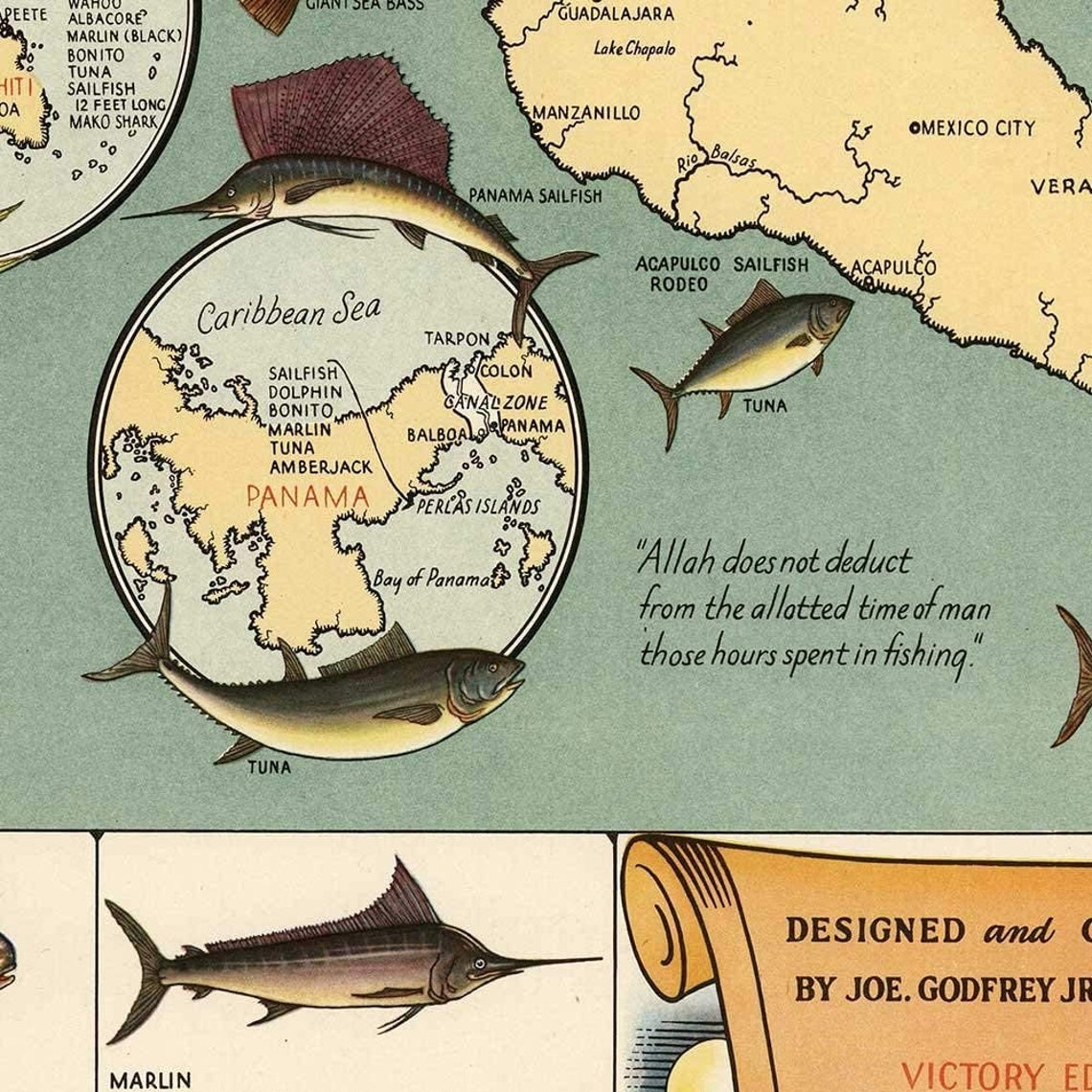 Pictorial Map Print of the Usa's Big Game Fish Circa 1936 - Fishing Art ...