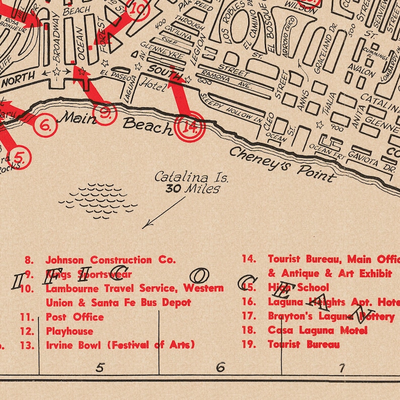 Map of Laguna Beach California Circa 1950 (includes Inset Map of South ...