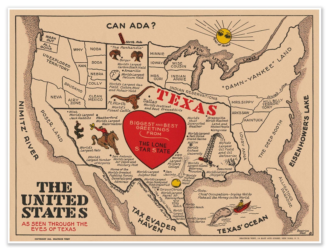 Map of the United States as Seen Through the Eyes of Texas Circa 1946 ...