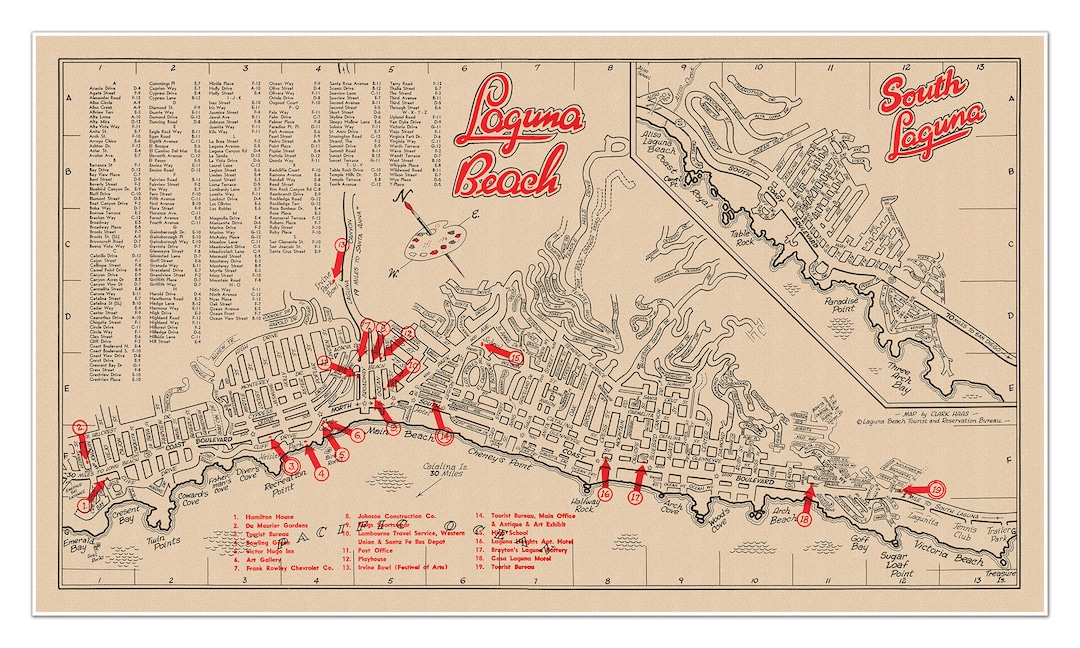 Map of Laguna Beach California Circa 1950 (includes Inset Map of South ...