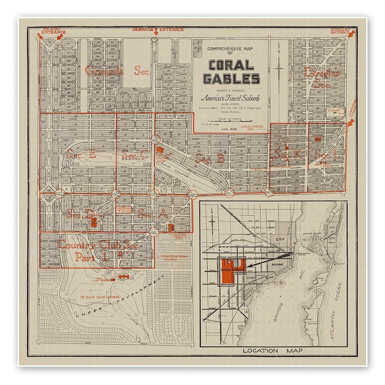 Comprehensive Map of Coral Gables Miami America's Finest - Etsy