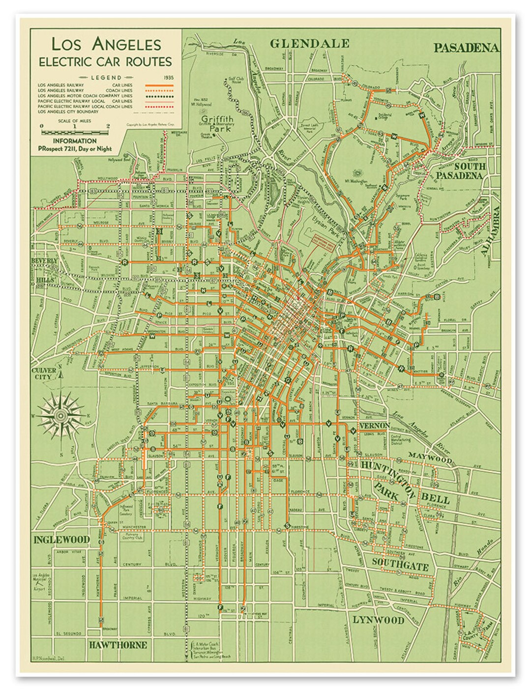Los Angeles California Electric Car Map Circa 1935 - Depicts Beverly ...