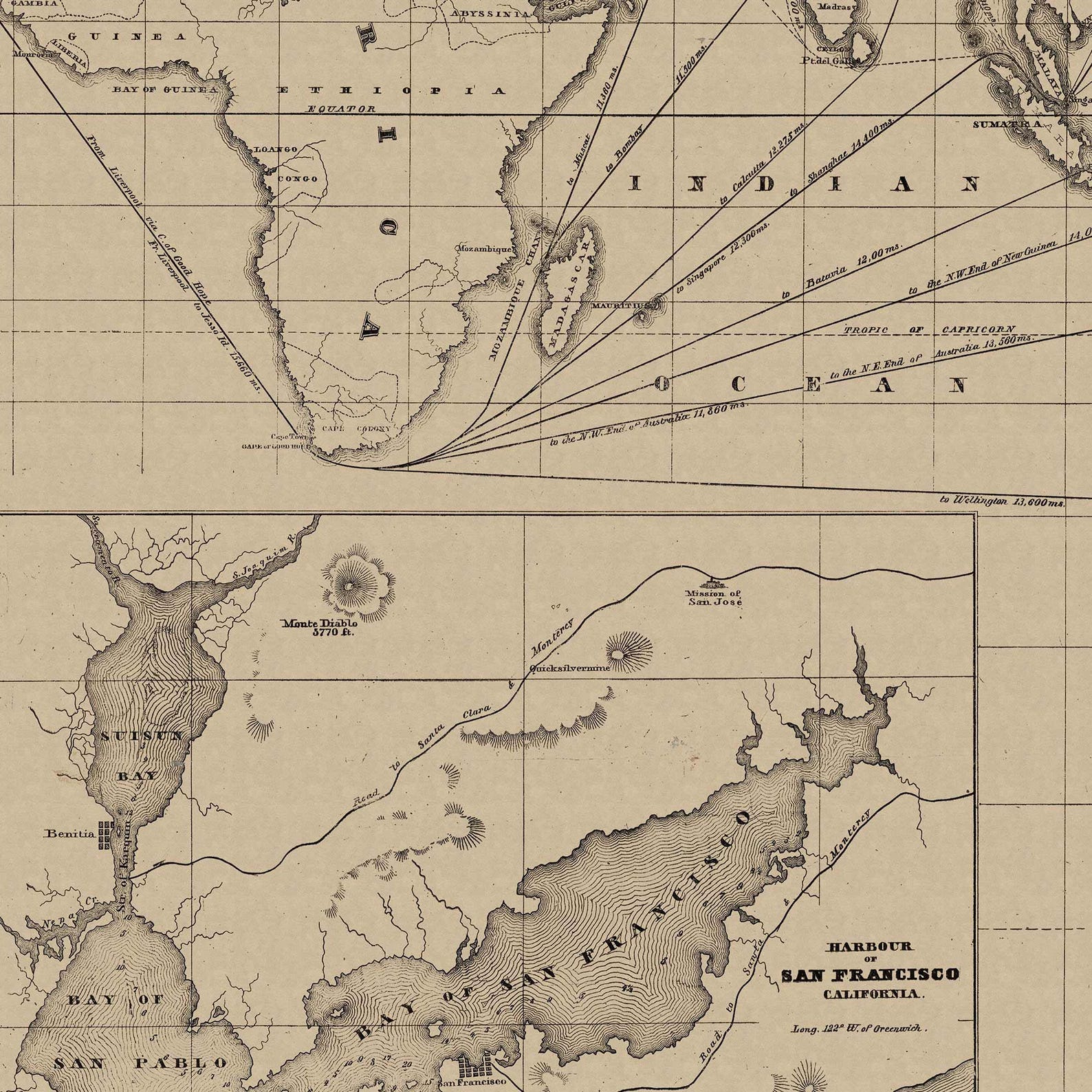 World Sailing Chart Map C. 1850 | Antique Map Art, Vintage Wall Map ...