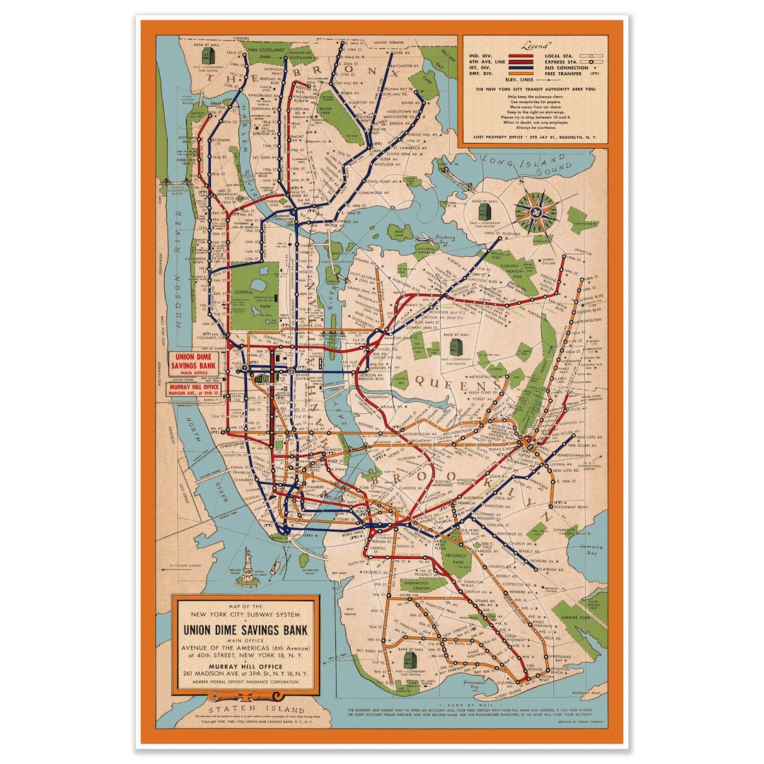 Vintage NYC Subway Map C. 1954 | Old New York City Transit Map ...