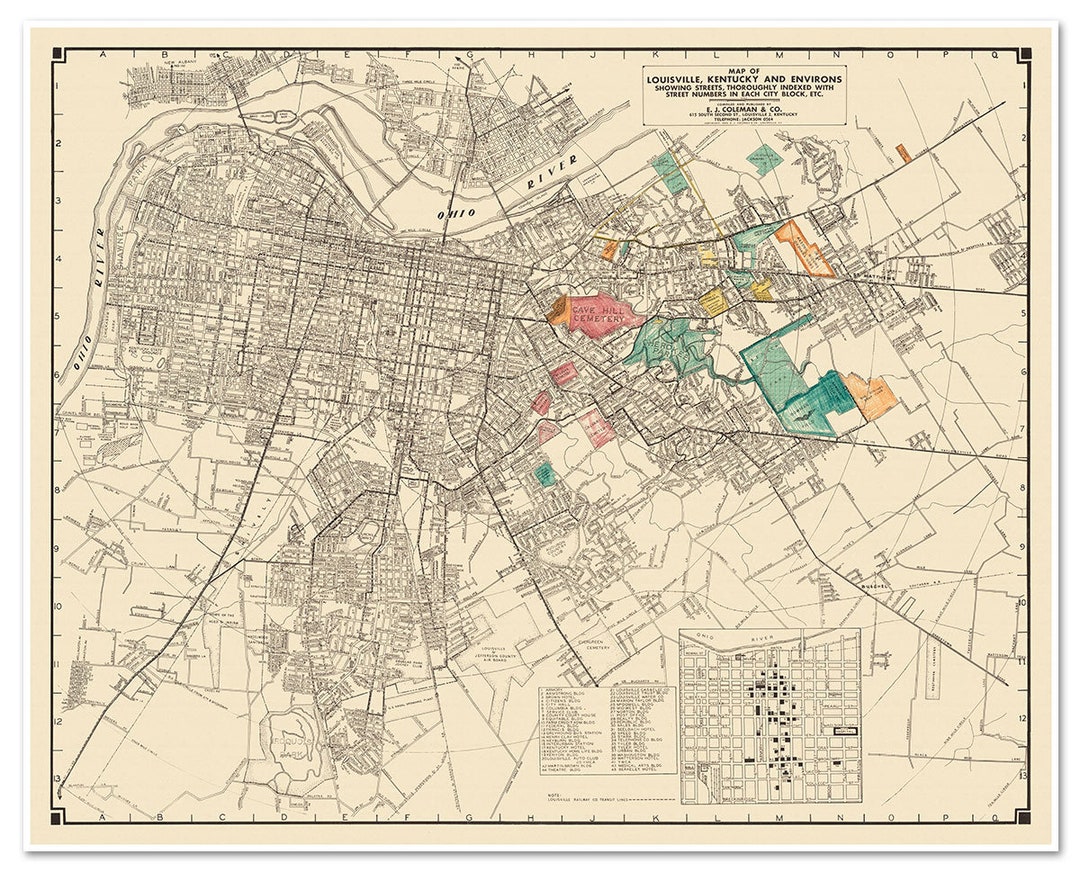 Map Of Louisville Kentucky Circa 1943 Includes City Street Names