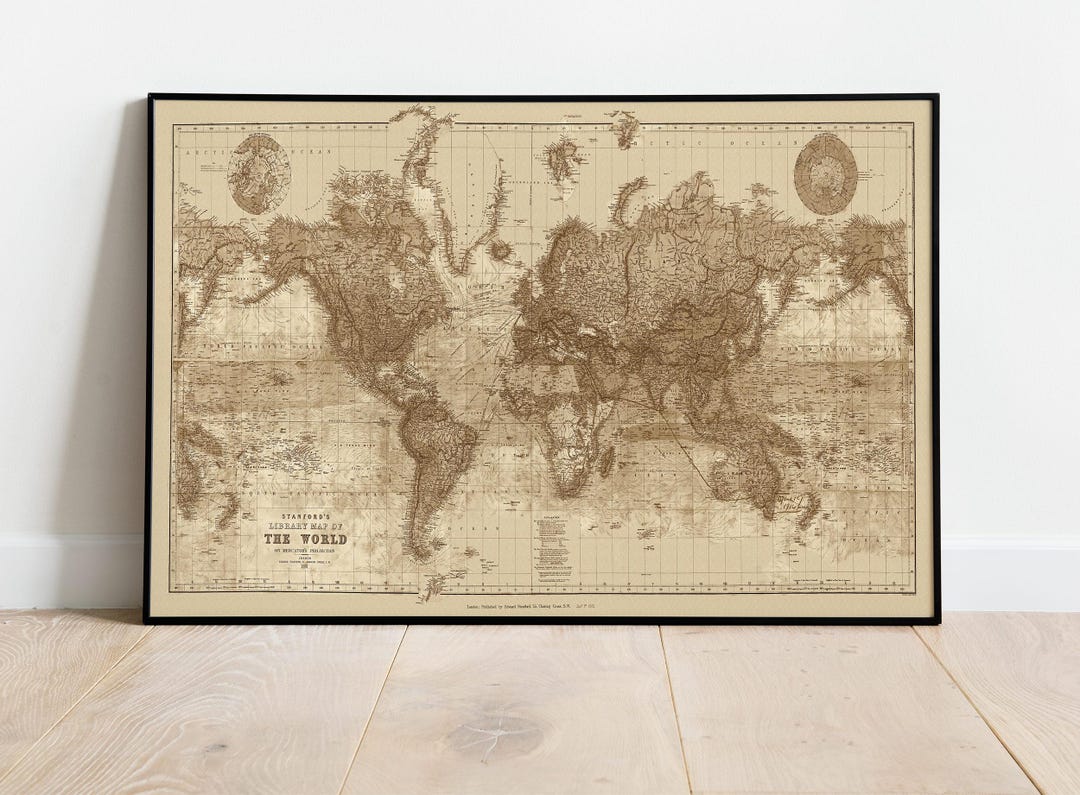 Stunning Vintage World Map C. 1898 | Sepia Tone Vintage Atlas Art Print ...
