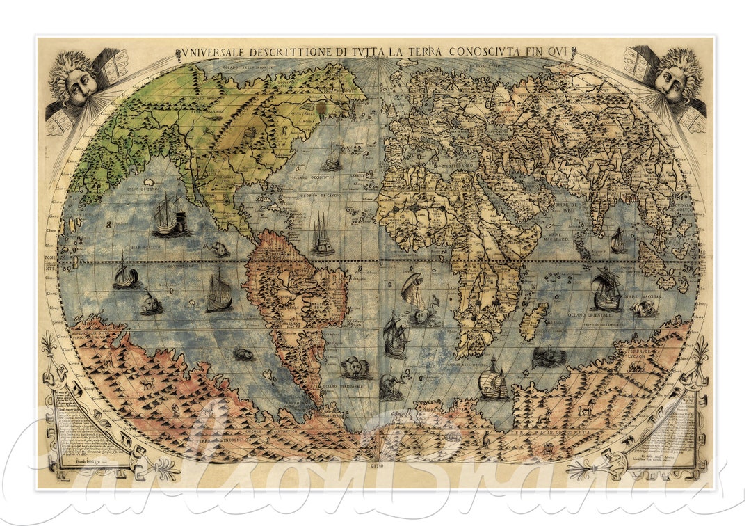 Italian Old World Map of Americas Exploration Angel & Cherub by ...