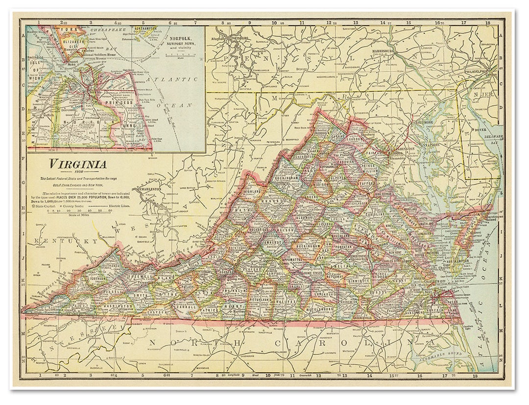 Virginia Atlas Map by George Cram Circa 1915 Inset of Norfolk, Newport ...