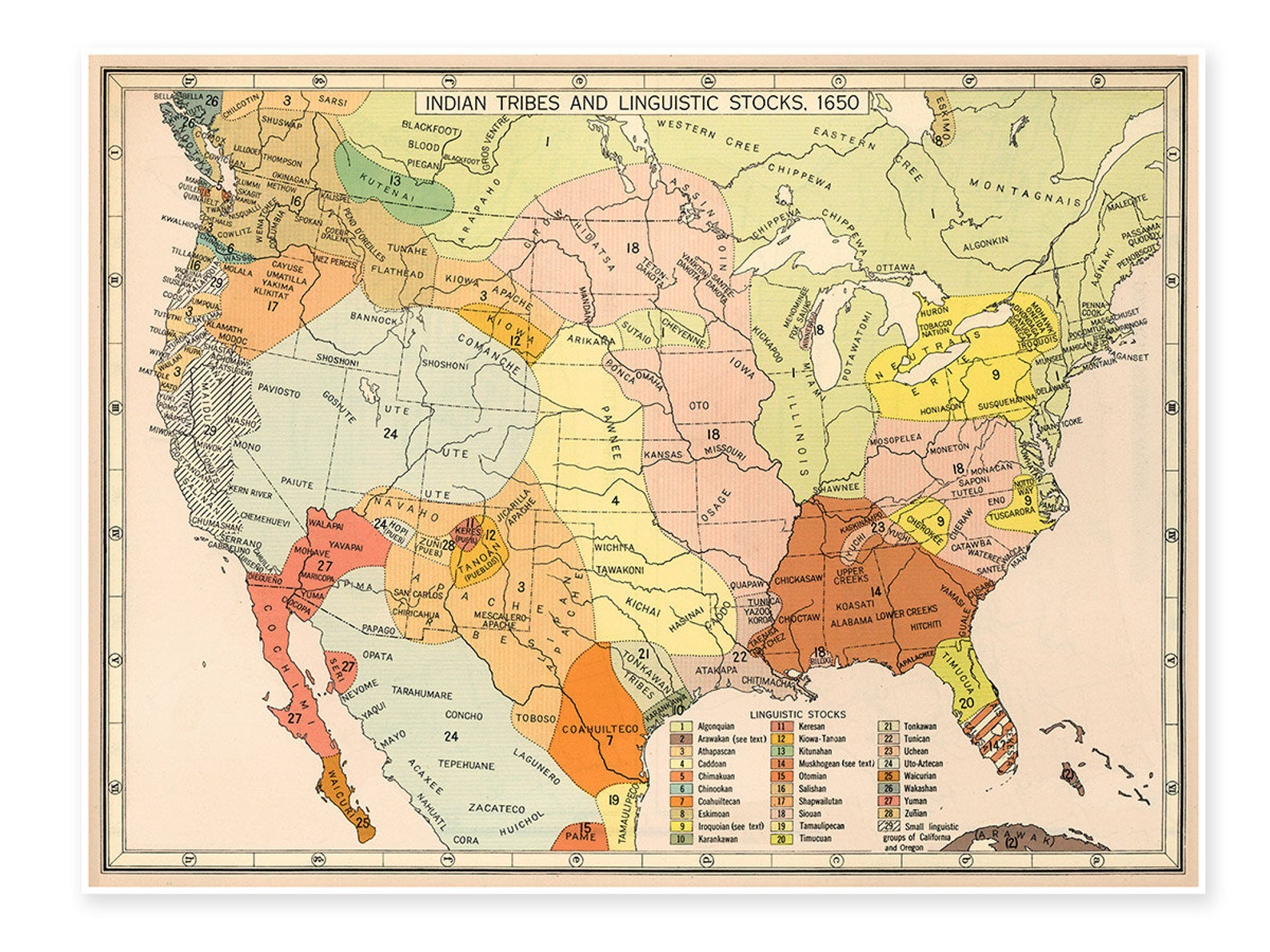 Map of Native American Indian Tribes & Linguistic Stocks C 1650 ...