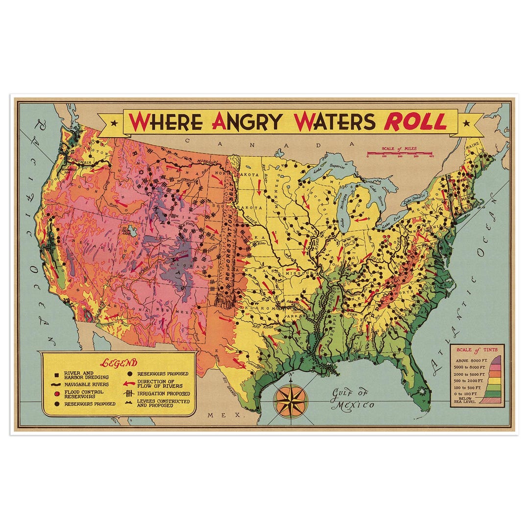 USA Flood Map "where Angry Waters Roll" Circa 1936 | Art Deco Print ...