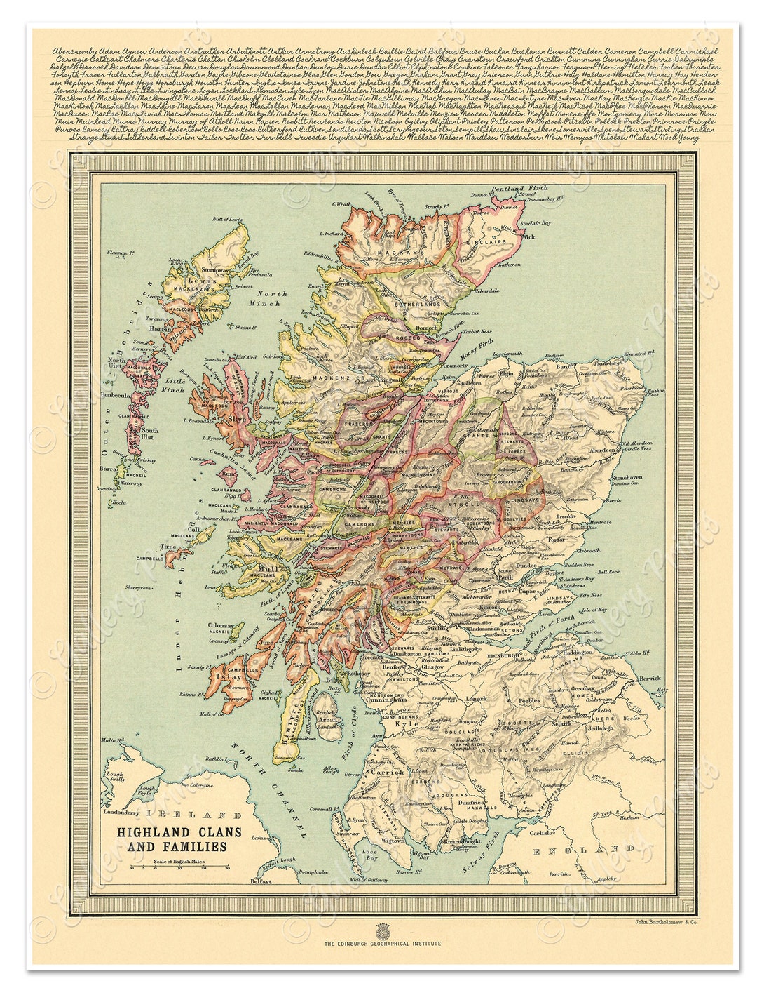 Clans of Scotland Historical Map Vintage Reprint | Highland Clan ...