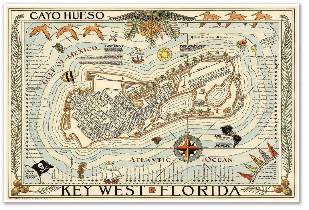 Cayo Hueso Map of Key West Florida C. 1940 | Nautical Art Print Poster ...