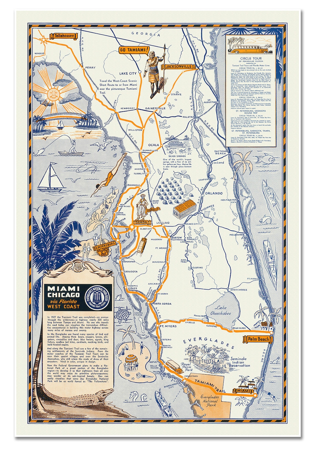 Map of Florida by Tamiami Trail Tours C. 1937 | Fascinating Snapshot of ...
