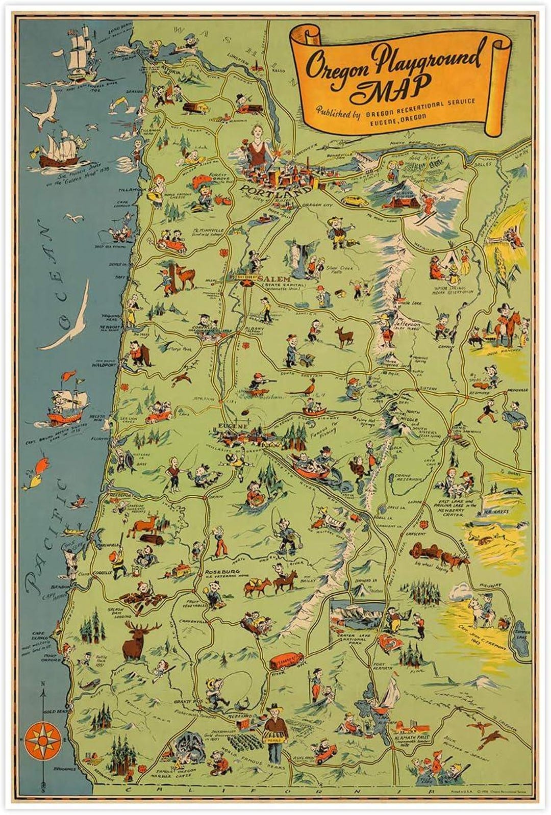 Oregon Map Illustrated Playground | Activities & Outdoor Recreation Art ...