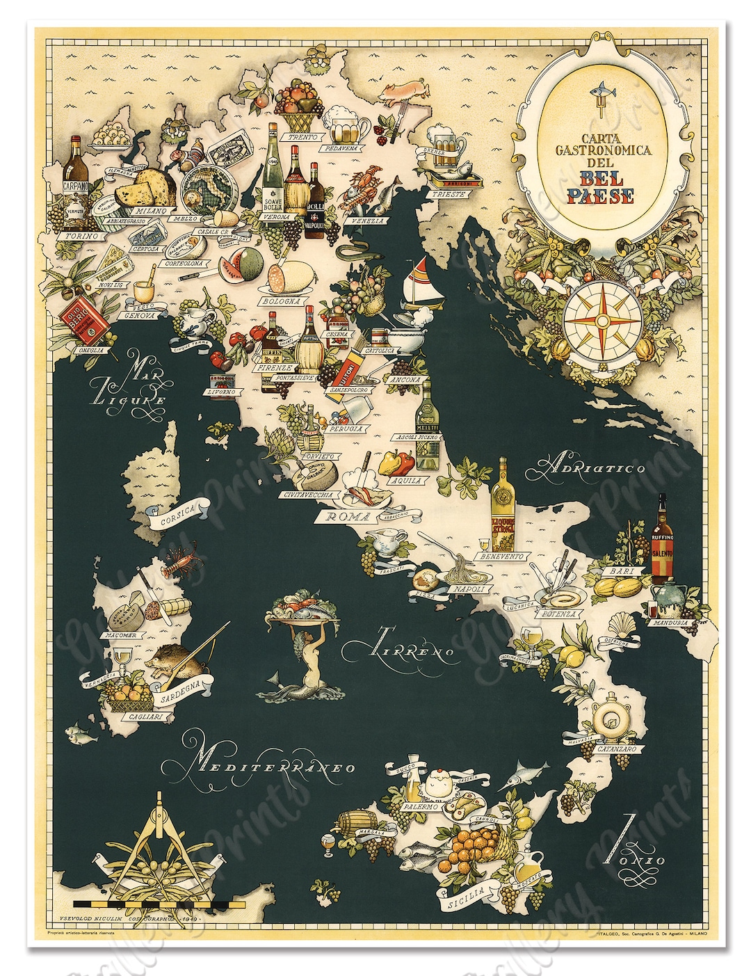 Vintage Map of Italian Gastronomy | Gastronomic Map of Italy | Kitchen ...
