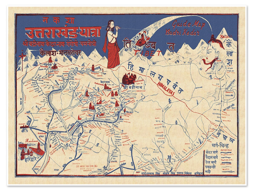 Pictorial Wall Map Badri Kedar for Uttarakhand, India Devbhumi land of ...