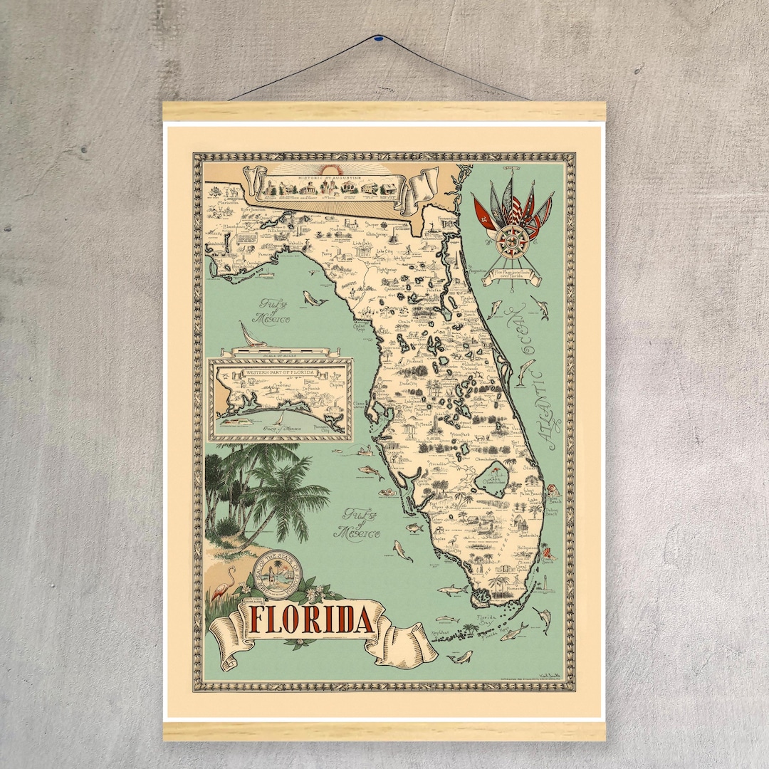 Florida Map | Florida Poster | Pictorial Map | Poster | Frame Map | Old ...